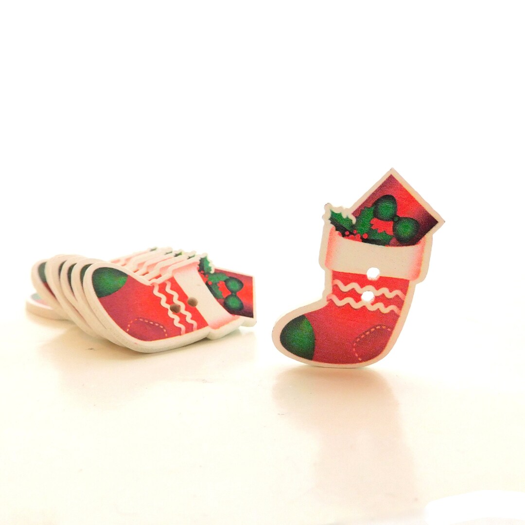 Wood Red Stocking Buttons // Novelty Winter Christmas Chipboard ...