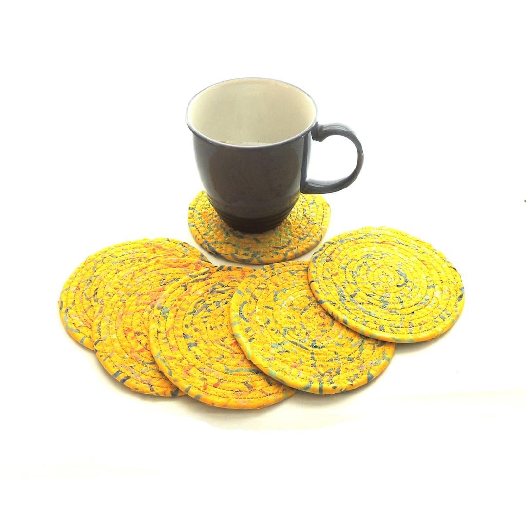 Yellow Batik Coasters Set: Coiled Fabric Clothesline Decor - Etsy