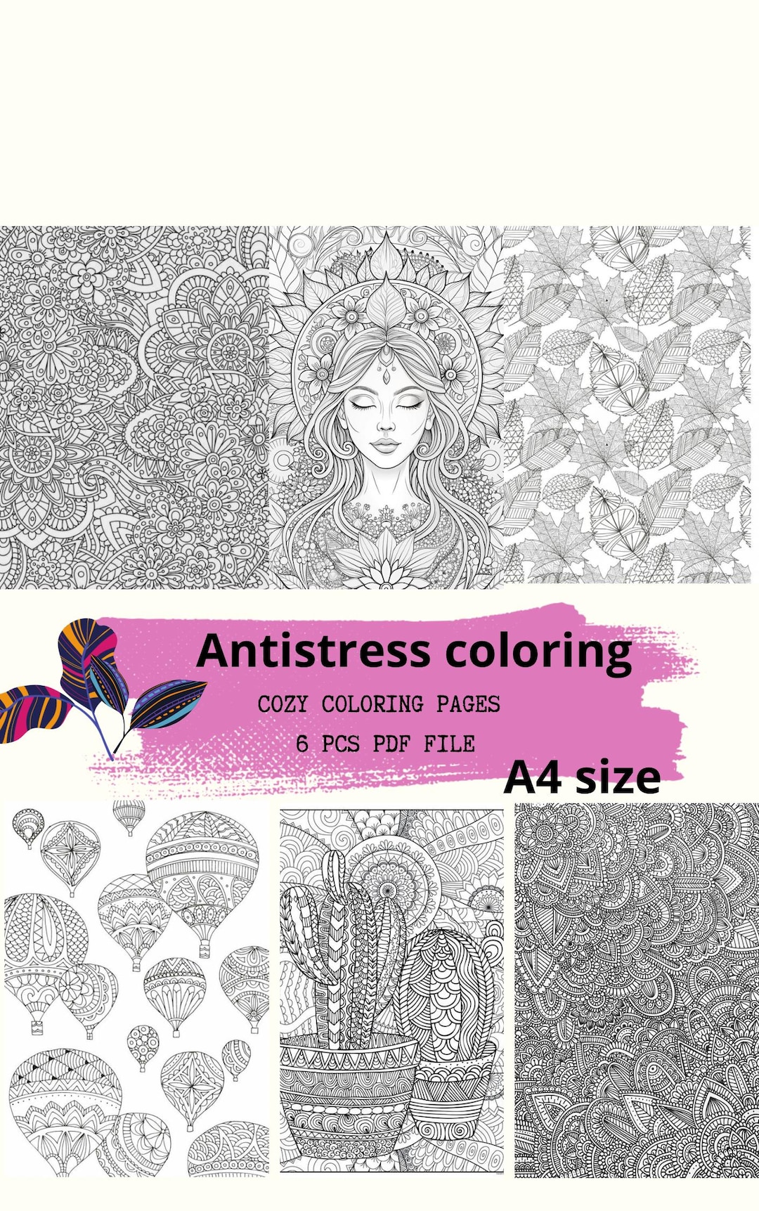 Printable Coloring Pages | 6 Stress Relief Sheets | A4 Size | Instant ...