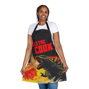 Godzilla Apron - Kiss the Cook, Funny Kitchen Gift, BBQ Apron, Chef ...
