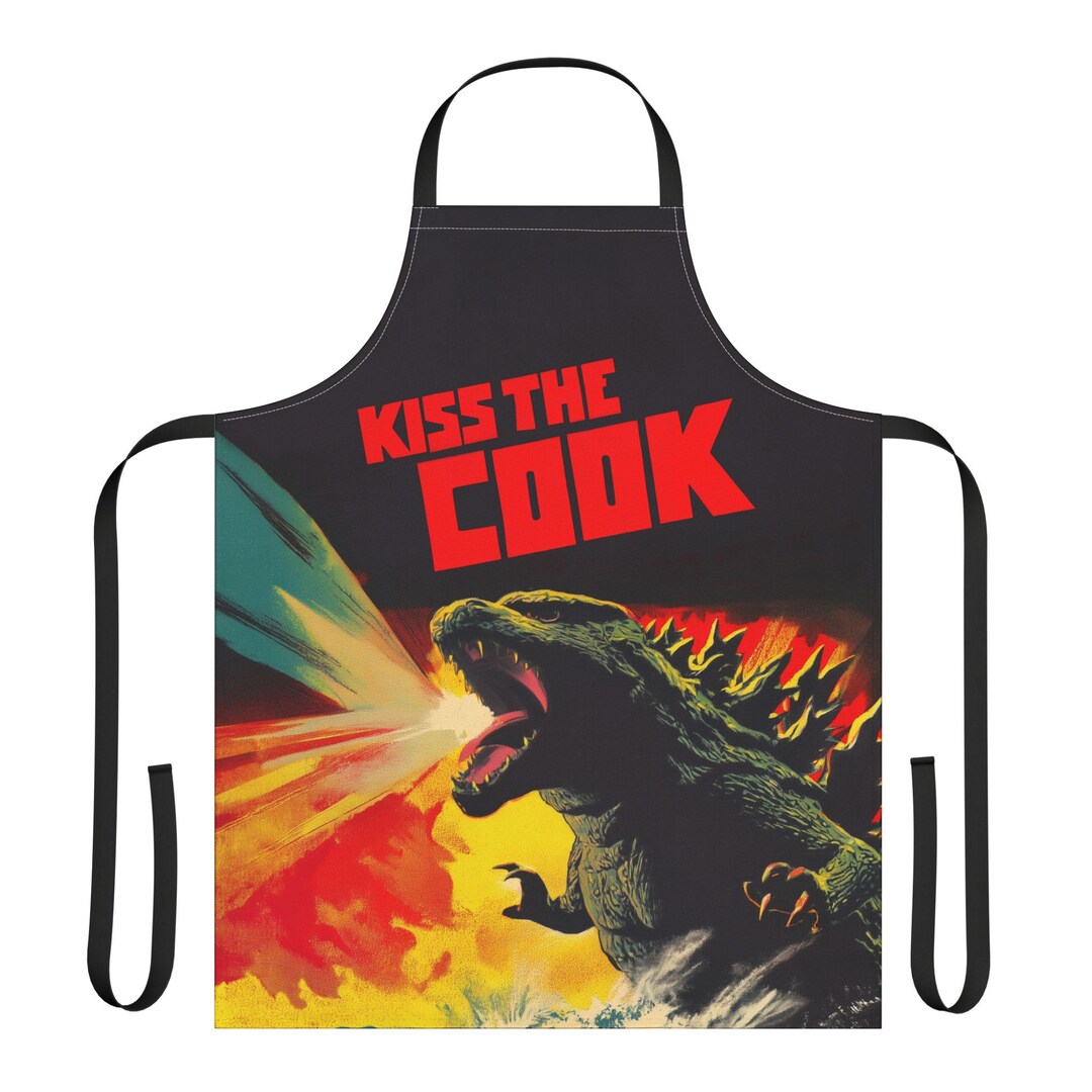 Godzilla Apron - Kiss the Cook, Funny Kitchen Gift, BBQ Apron, Chef ...