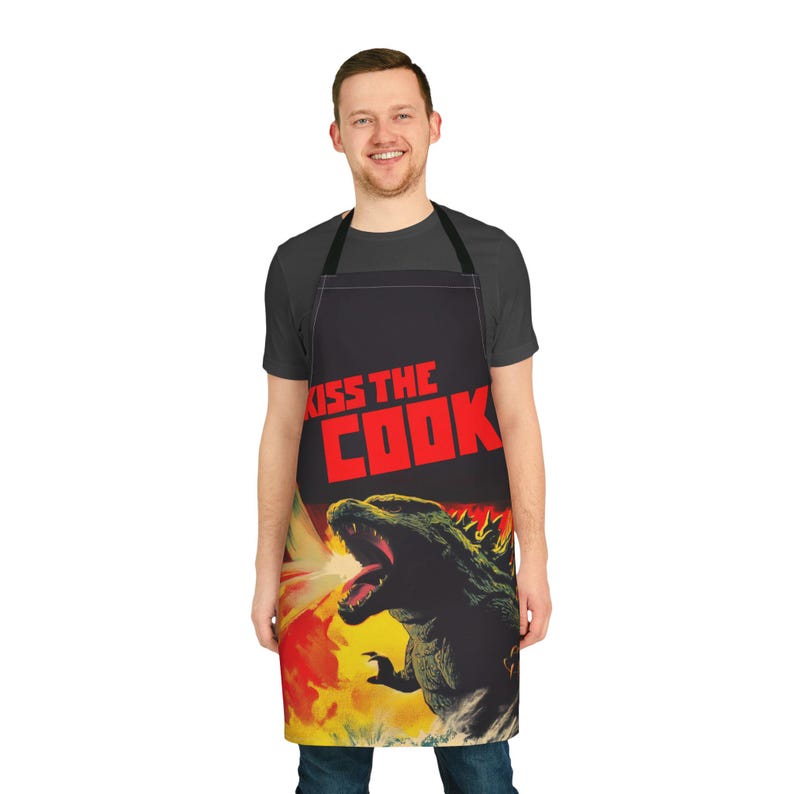 Godzilla Apron - Kiss the Cook, Funny Kitchen Gift, BBQ Apron, Chef ...