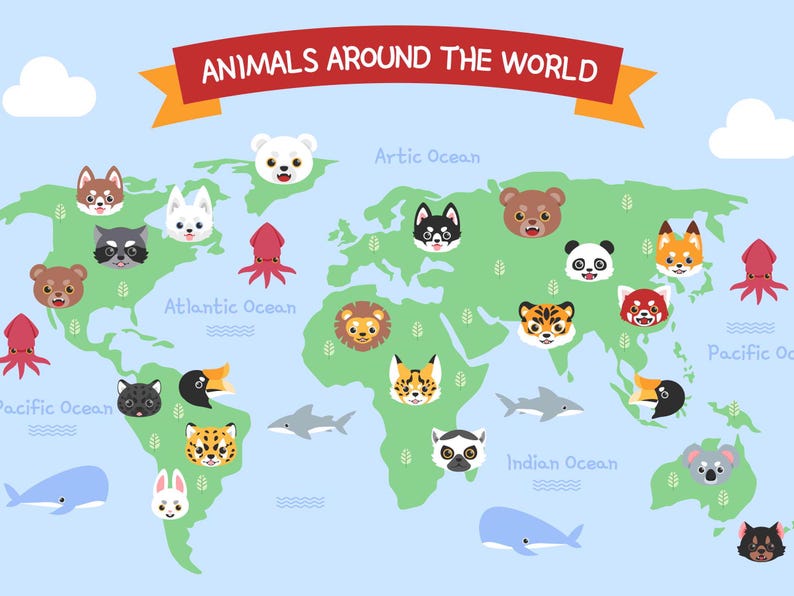 Watercolor Animal World Map: Kids Nursery Decor (printable PDF, PNG ...