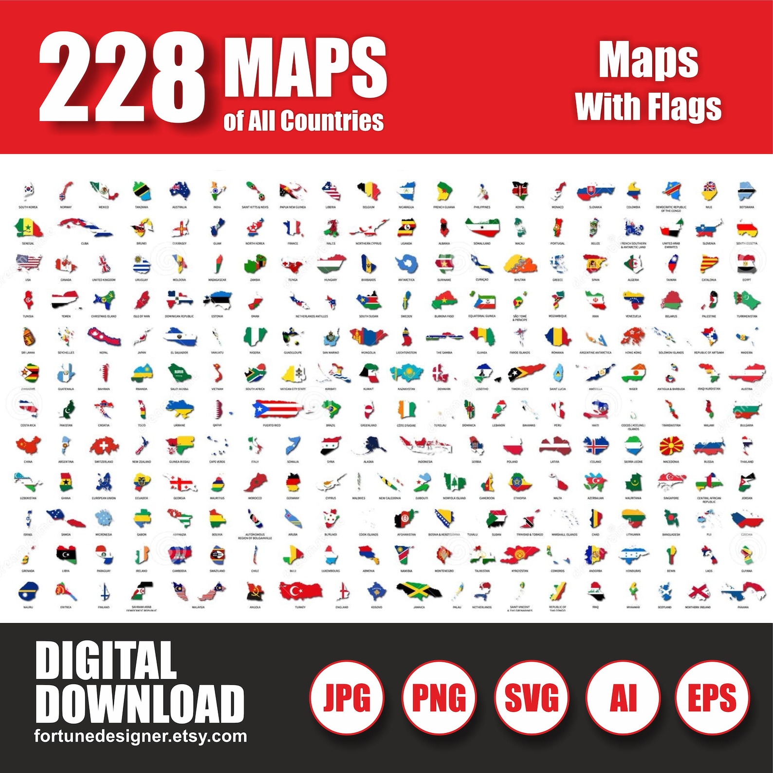 World Map SVG, 228 Country Flags Vector, Map Flashcards, Country Maps ...