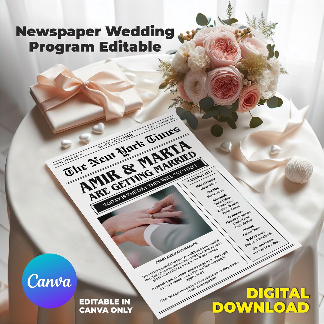 Custom Wedding Newspaper Program: Editable Canva Template (digital ...