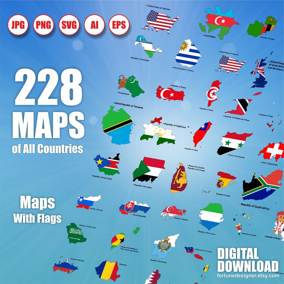 World Map With Flags, 228 Country Outlines, Flag Decals (svg, Ai, Eps ...