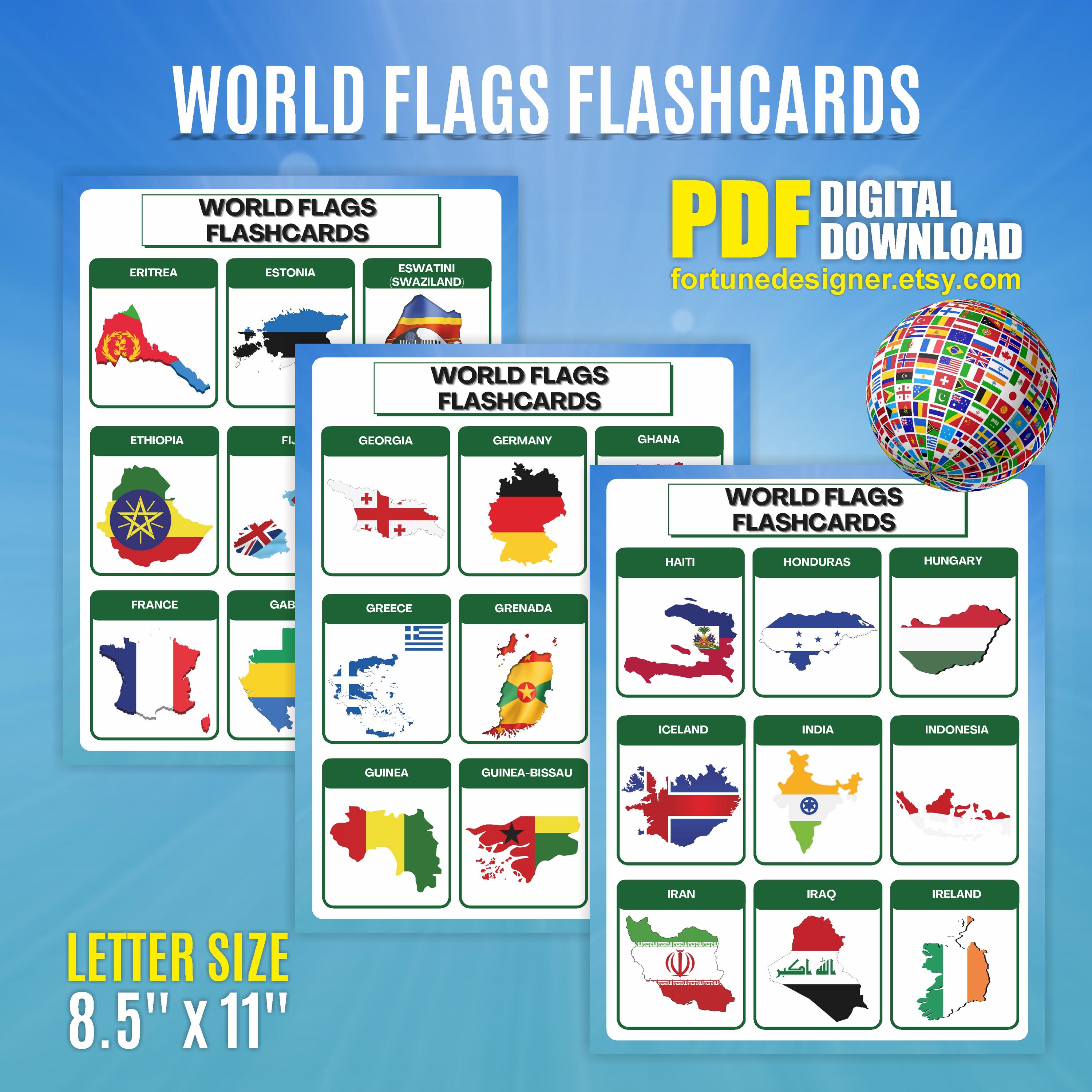 World Flags Geography Flashcards: 196 Countries (digital Download) - Etsy
