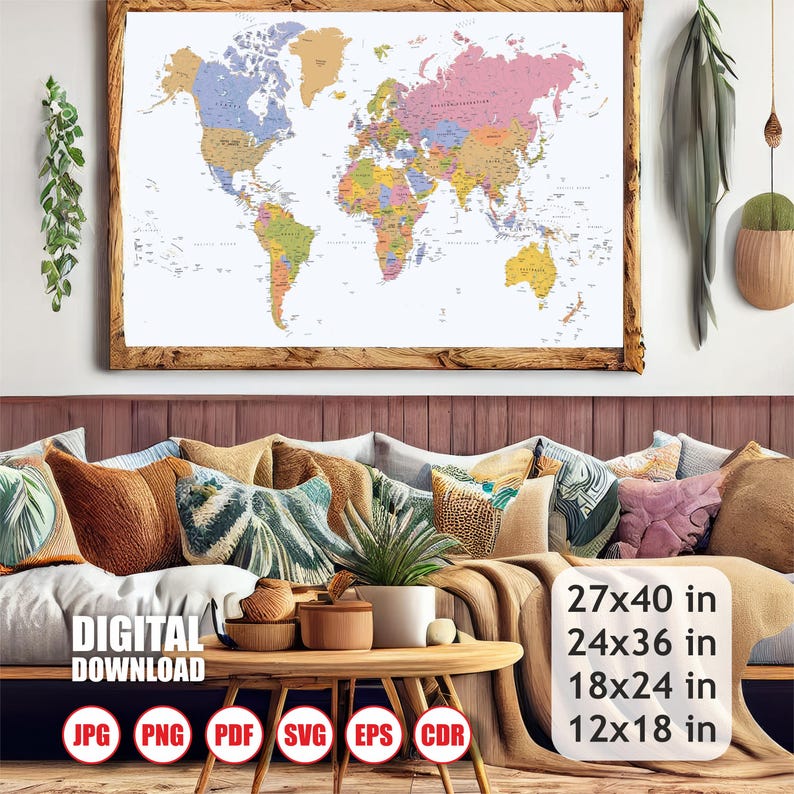 Boho World Map Poster Download – Printable World Map With Countries & Cities – Digital Map Wall ...