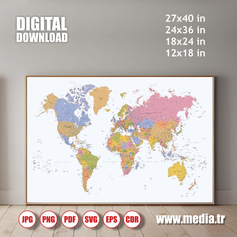 Boho World Map Poster Download – Printable World Map With Countries & Cities – Digital Map Wall ...