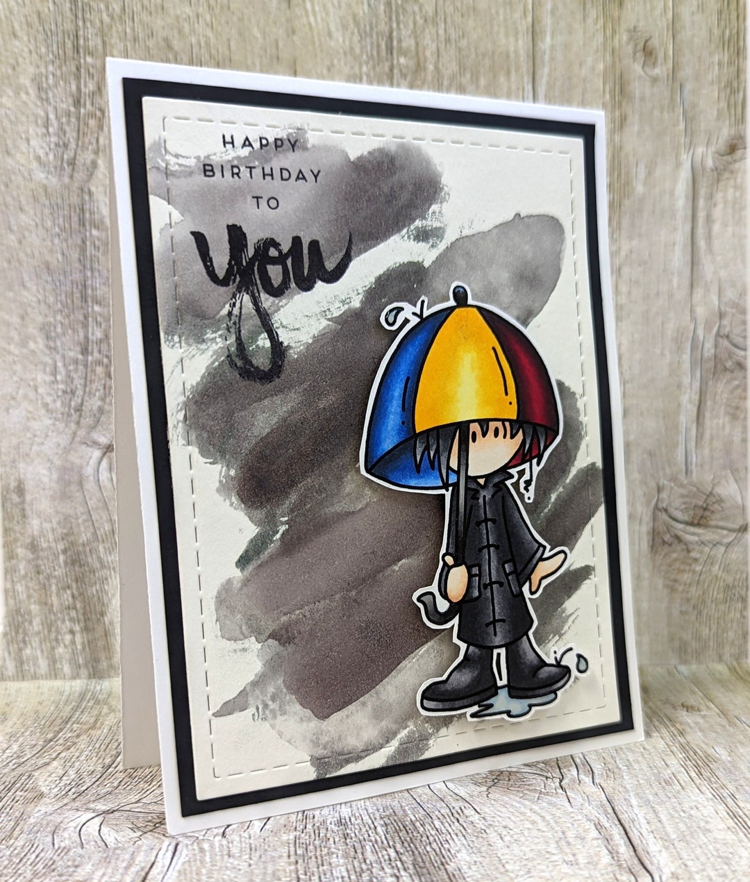 Happy Birthday Emo Kid Colorful Umbrella Handmade Stamped Card - Etsy