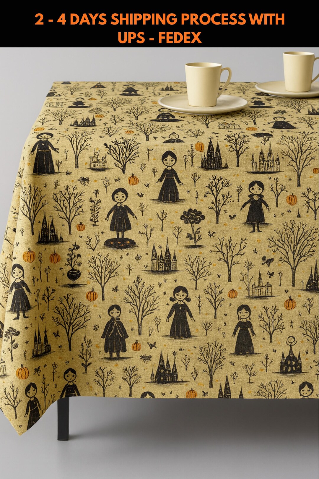 Halloween Tablecloth | Gothic Castle & Pumpkin Print Fabric | Spooky ...