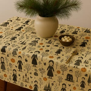 Halloween Tablecloth | Gothic Castle & Pumpkin Print Fabric | Spooky ...