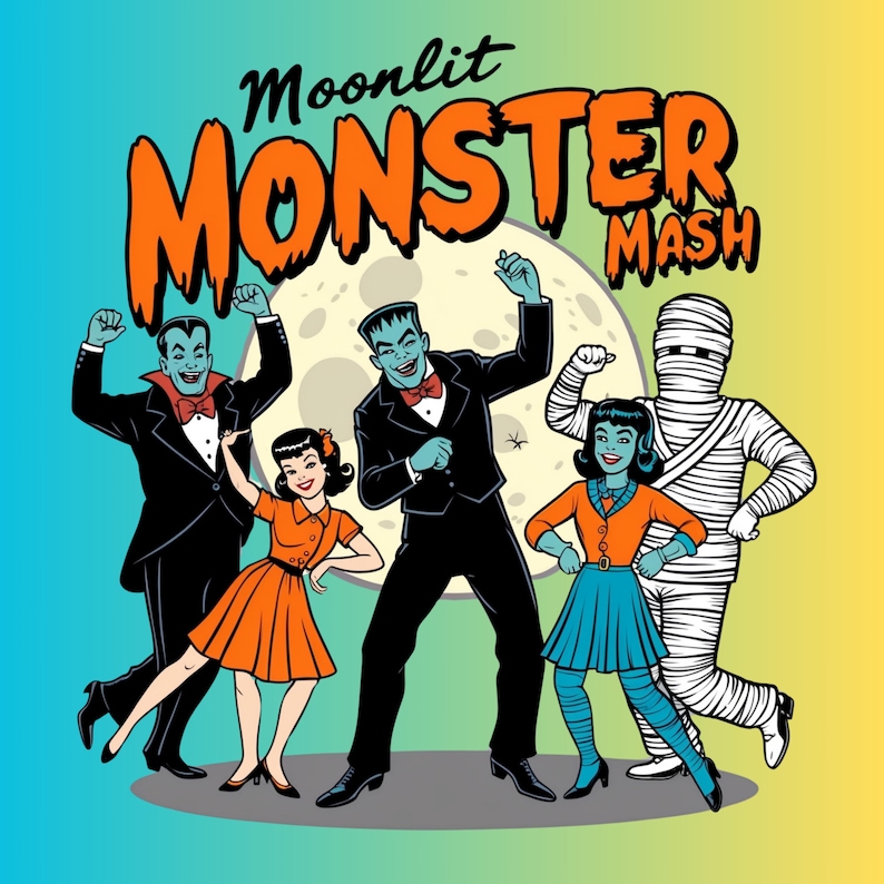 Vintage Halloween Monster Art Print Moonlit Monster Mash Retro Inspired ...