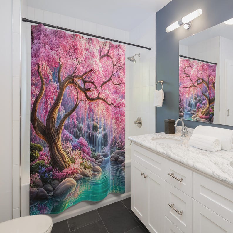 Enchanting Pink Cherry Blossom Tree Shower Curtain | Floral Waterfall ...