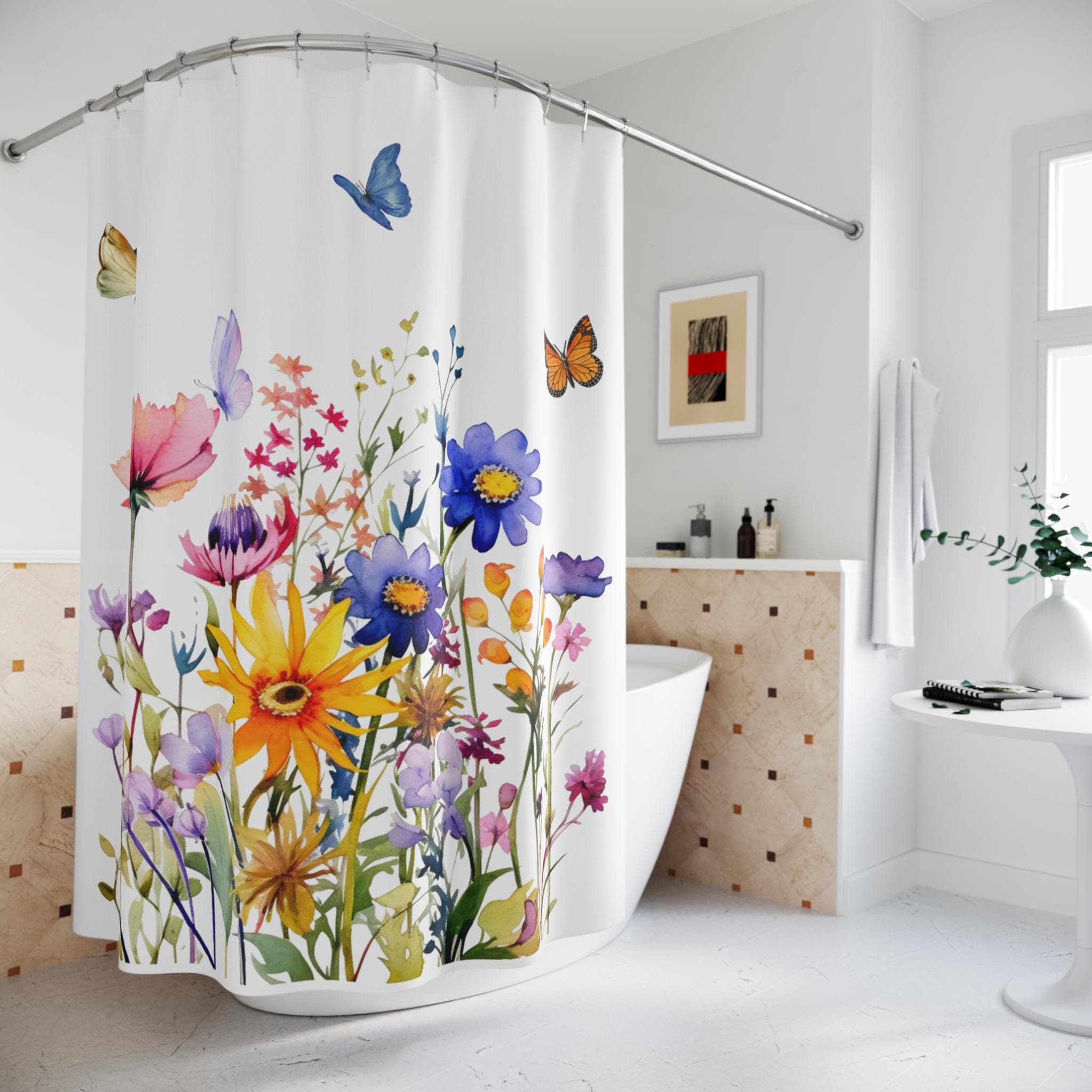 Wild Flowers and Butterflies Shower Curtains. Matching Bathmat (shown ...