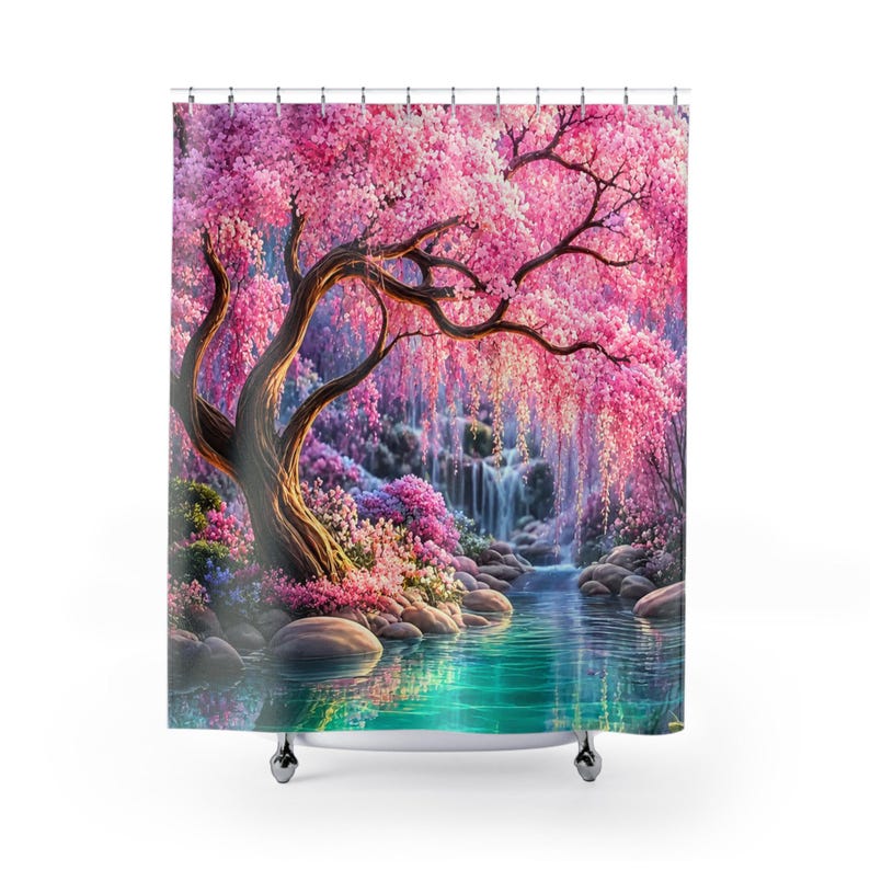 Enchanting Pink Cherry Blossom Tree Shower Curtain | Floral Waterfall ...