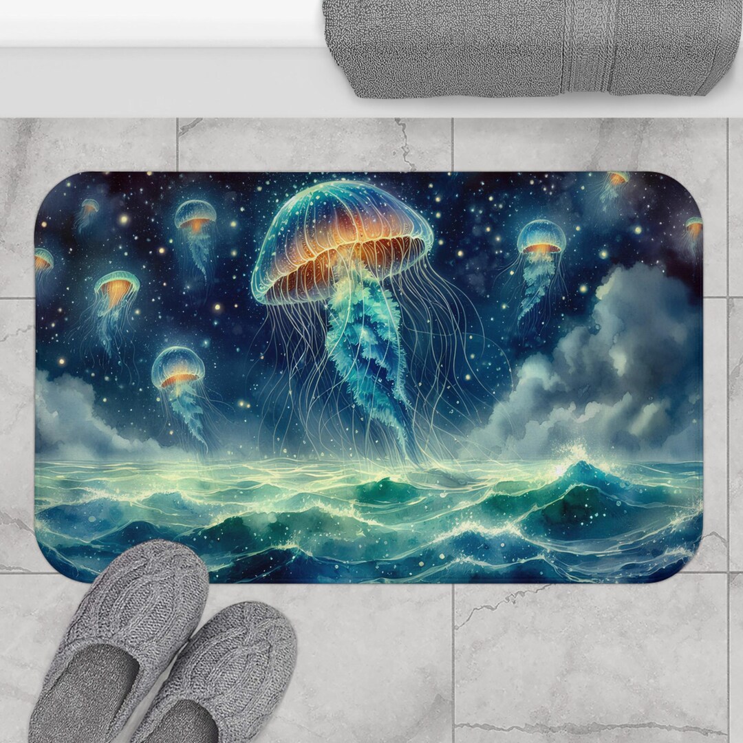 Glowing Jellyfish Ocean Scene Bath Mat | Neon Sea Life Waves, Matching ...