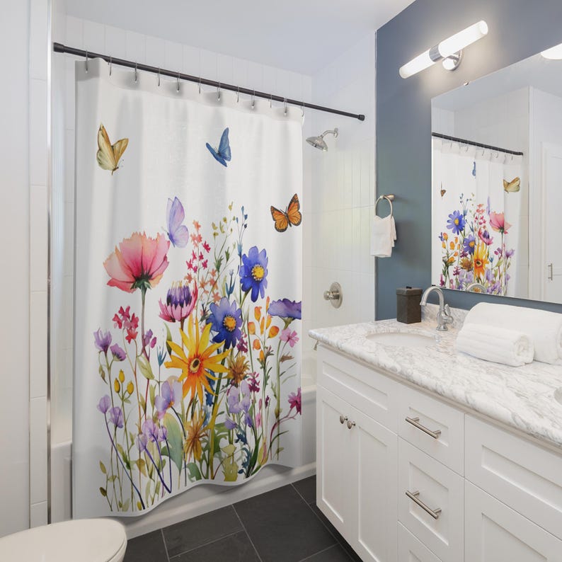 Wild Flowers and Butterflies Shower Curtains. Matching Bathmat (shown ...