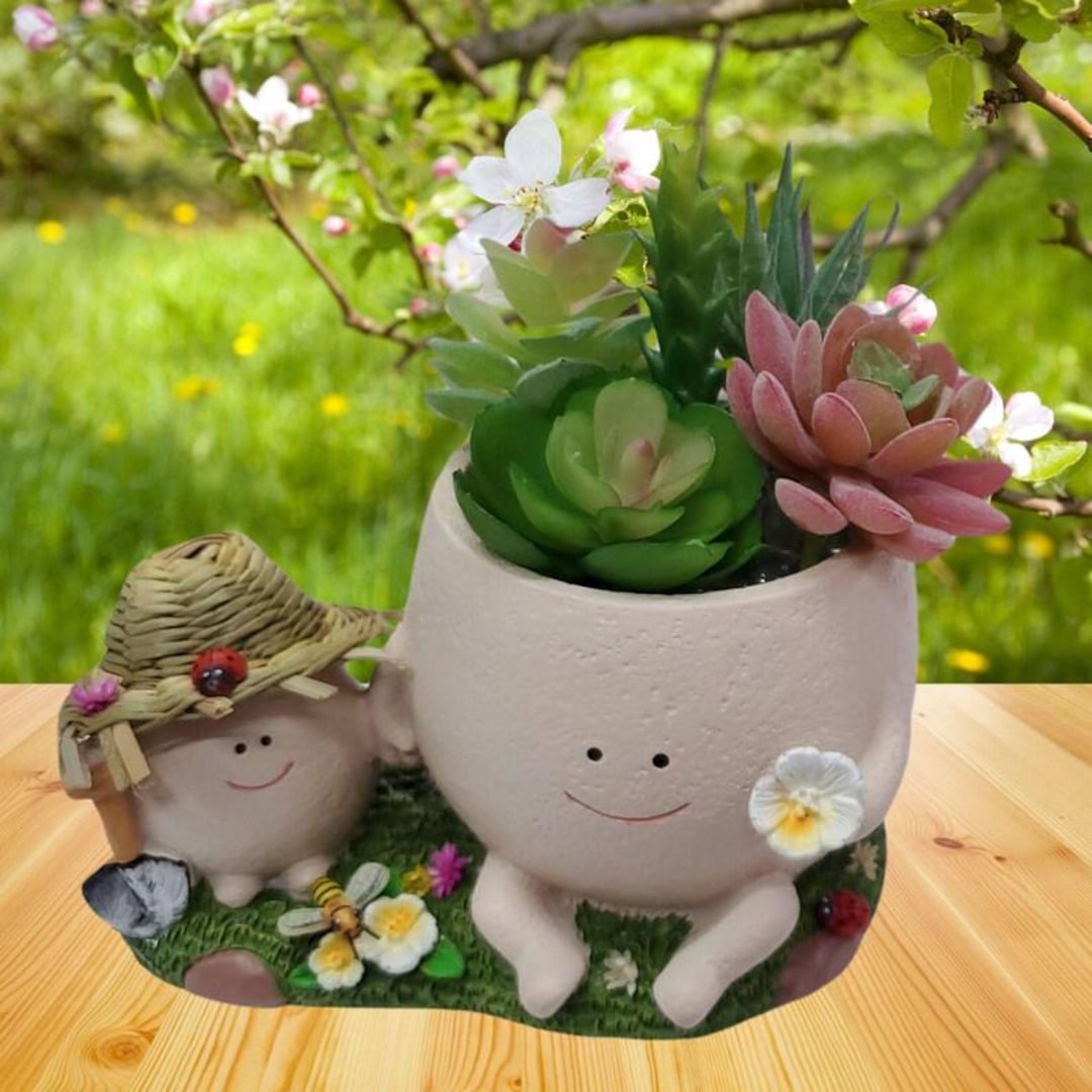 Unique Mother and Child Planter, Smiley Face Flower Pot, Resin Garden ...