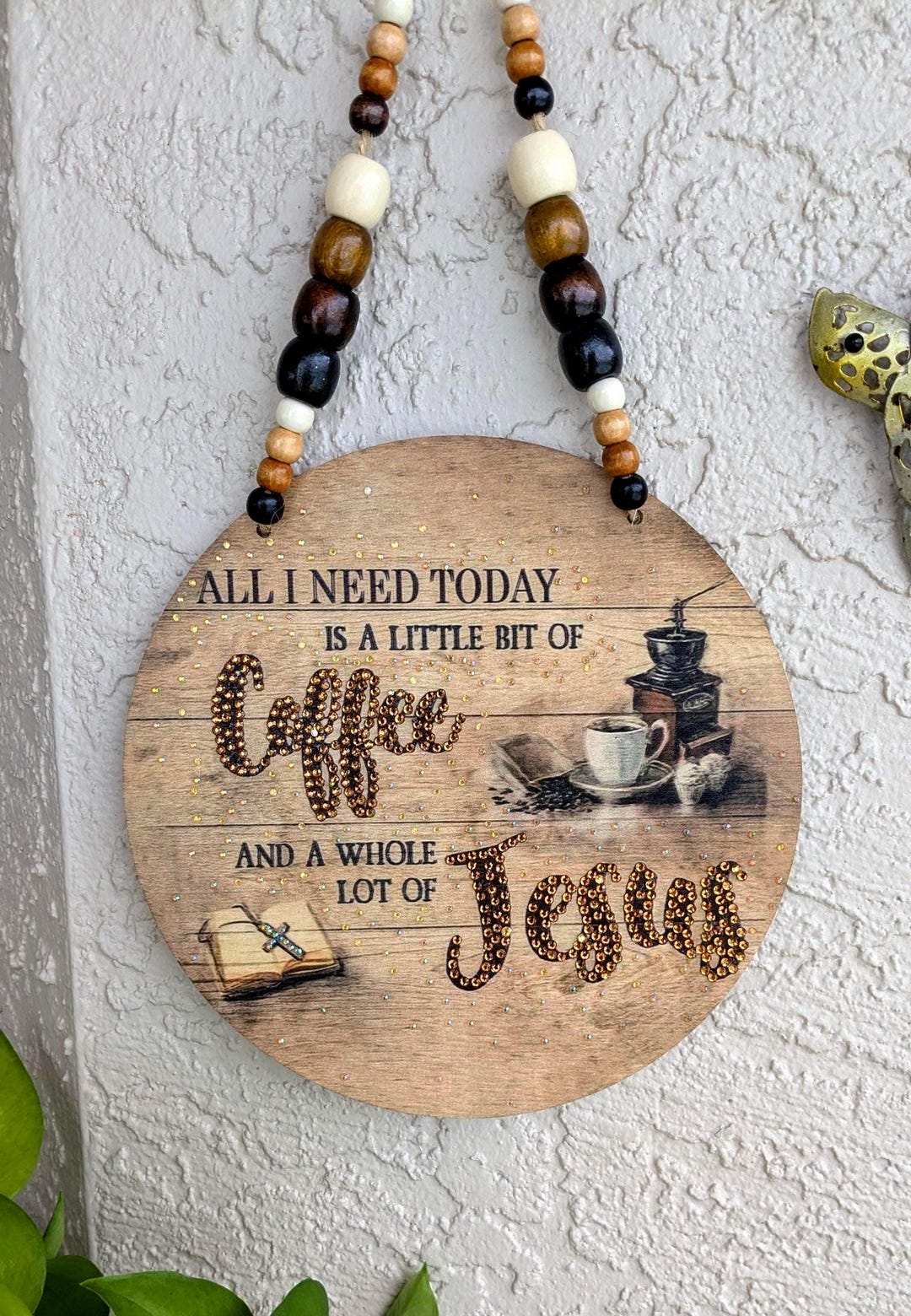 Retro Wooden Coffee Sign With Beads & Twine, 8x8