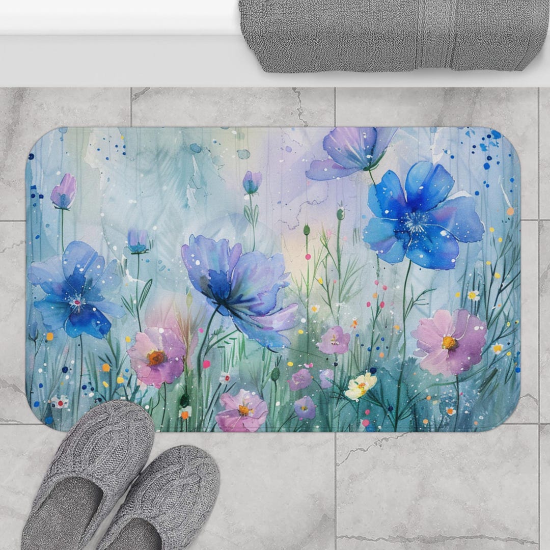 Floral Watercolor Bath Mat, Matching Curtain Available, Soft, Cozy ...
