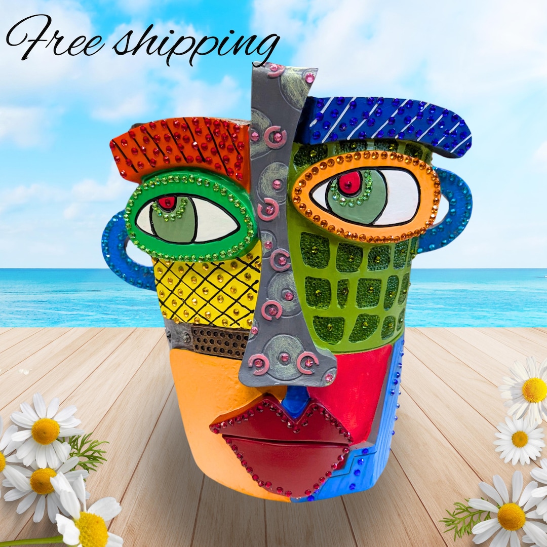 Picasso Style Abstract Face Planter With Rhinestones, Colorful Resin ...