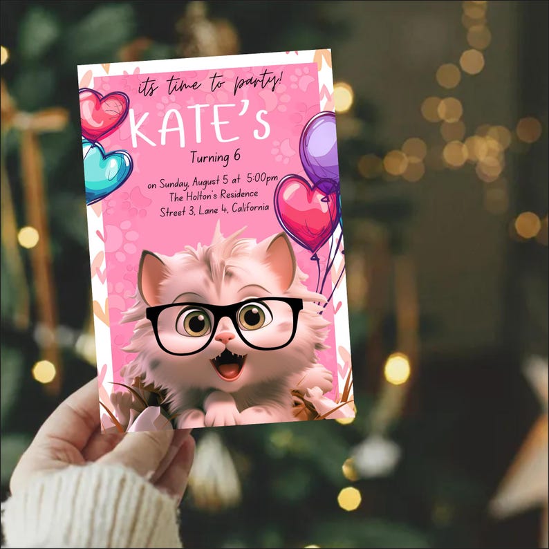 Editable Cat Birthday Invitation, Cat Invitation, Cat Themed Invitation ...