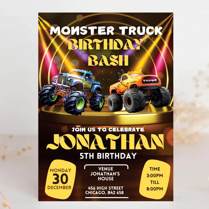 Monster Truck Birthday Invitation, Editable Truck Age, Digital Template ...