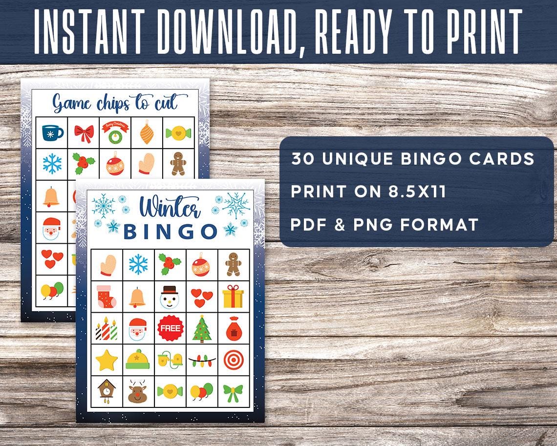 Winter Bingo Game 30 Unique Bingo Cards Printable 8.5x11 PDF & PNG Fun ...
