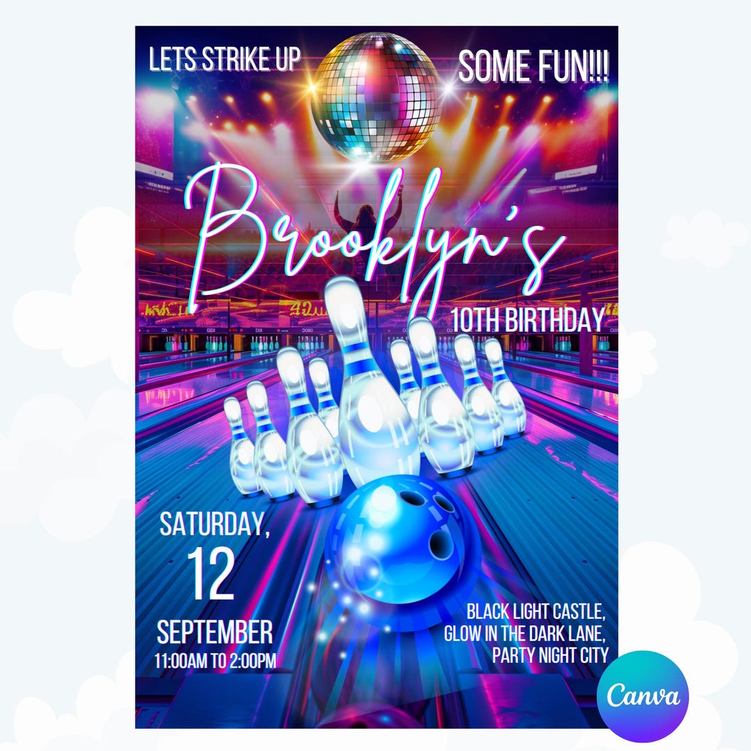 Editable Bowling Birthday Invitation, Glow Bowling Invitation, Neon ...