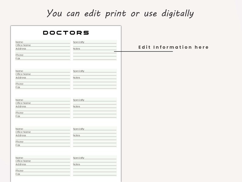 Medical Contacts List Printable, Healthcare Contacts, Doctor Contacts ...