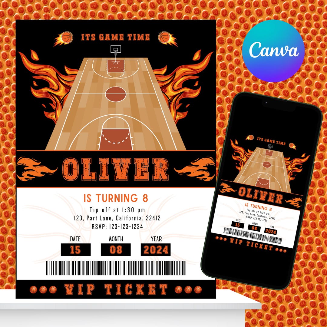 Basketball Printable Invitation, Basketball Party Invitation ...