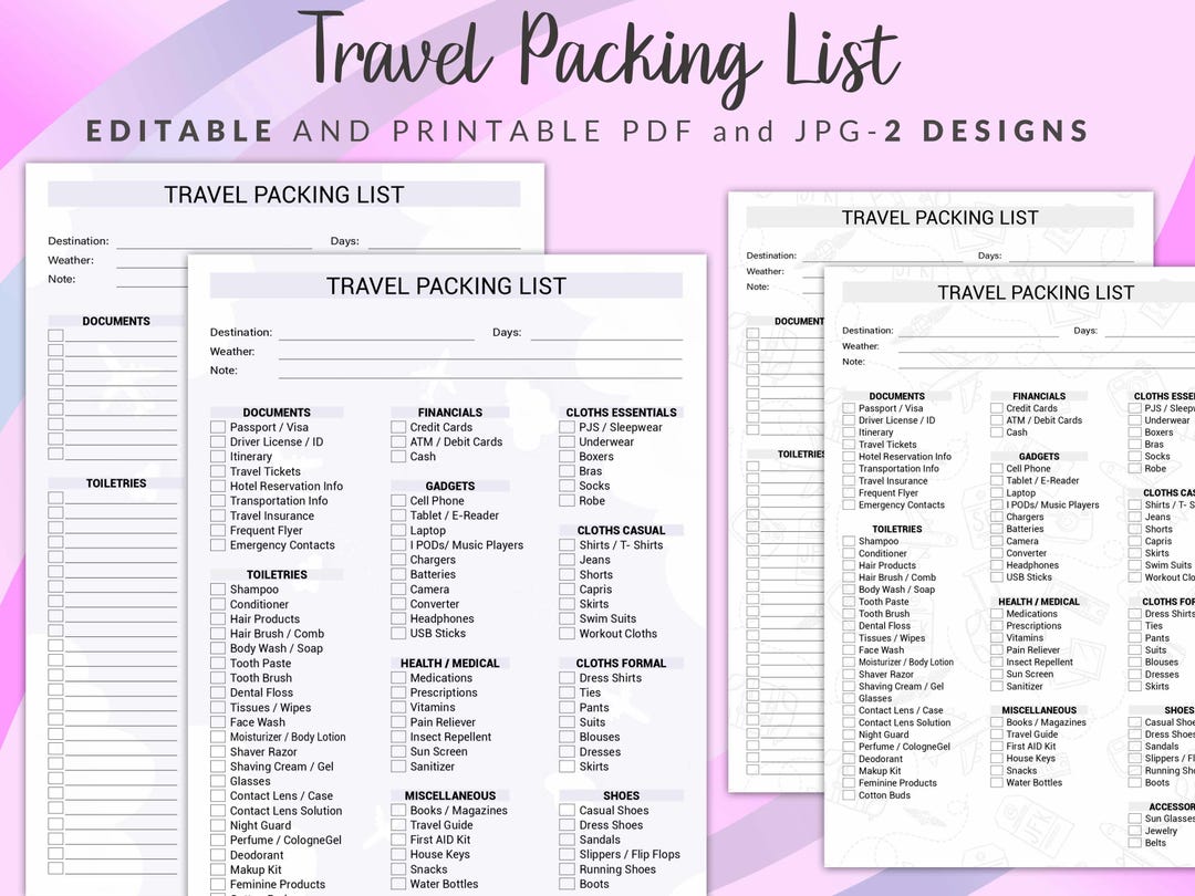 Editable Travel Packing List, Travel Checklist Printable, Travel ...