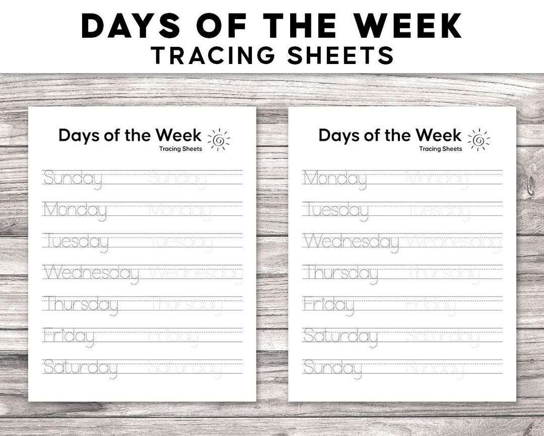 Days of the Week Tracing Sheets for Kids 7 Days Tracing Practice ...