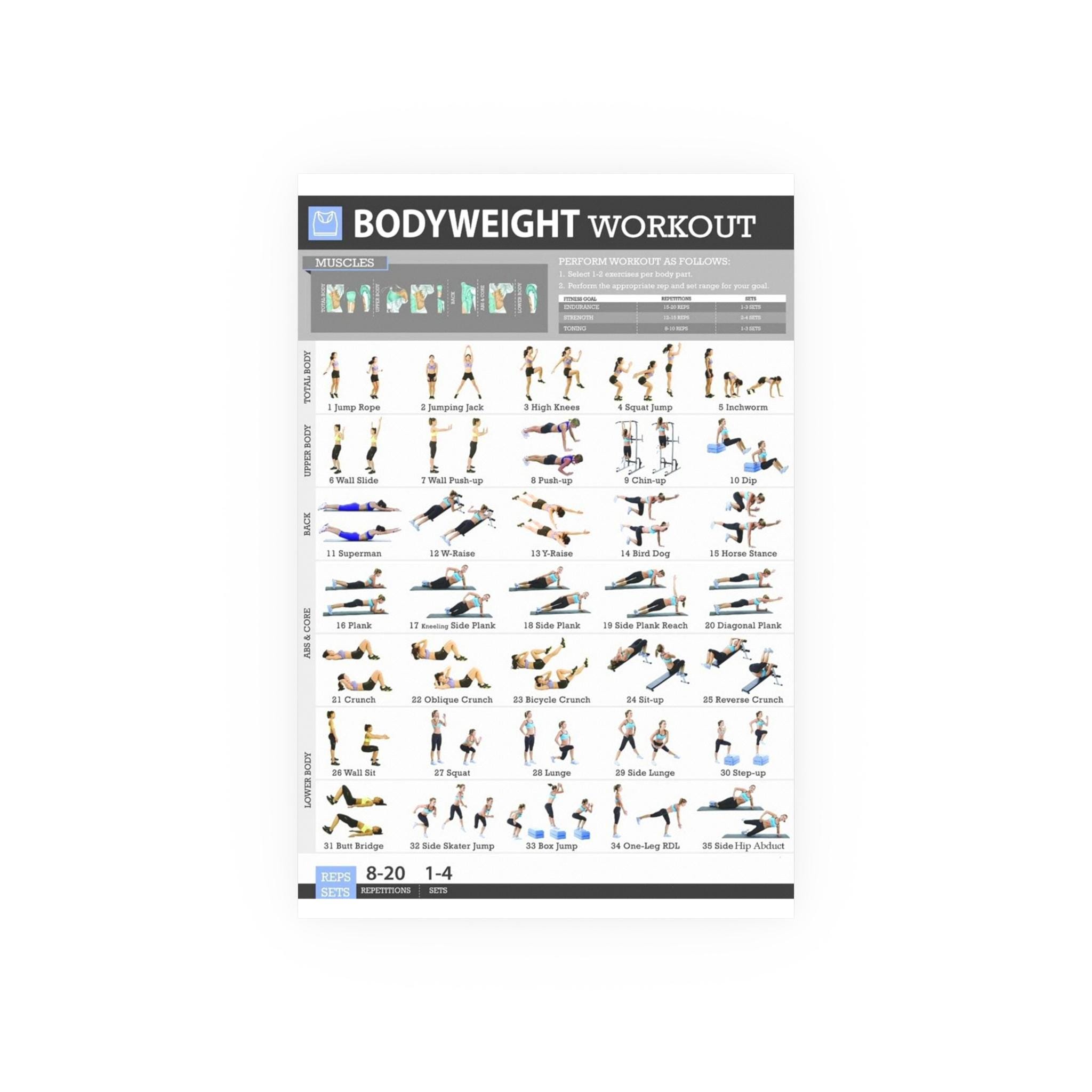 Large Bodyweight Fitness Poster, Workout Chart, Gym Wall Art, Exercise ...