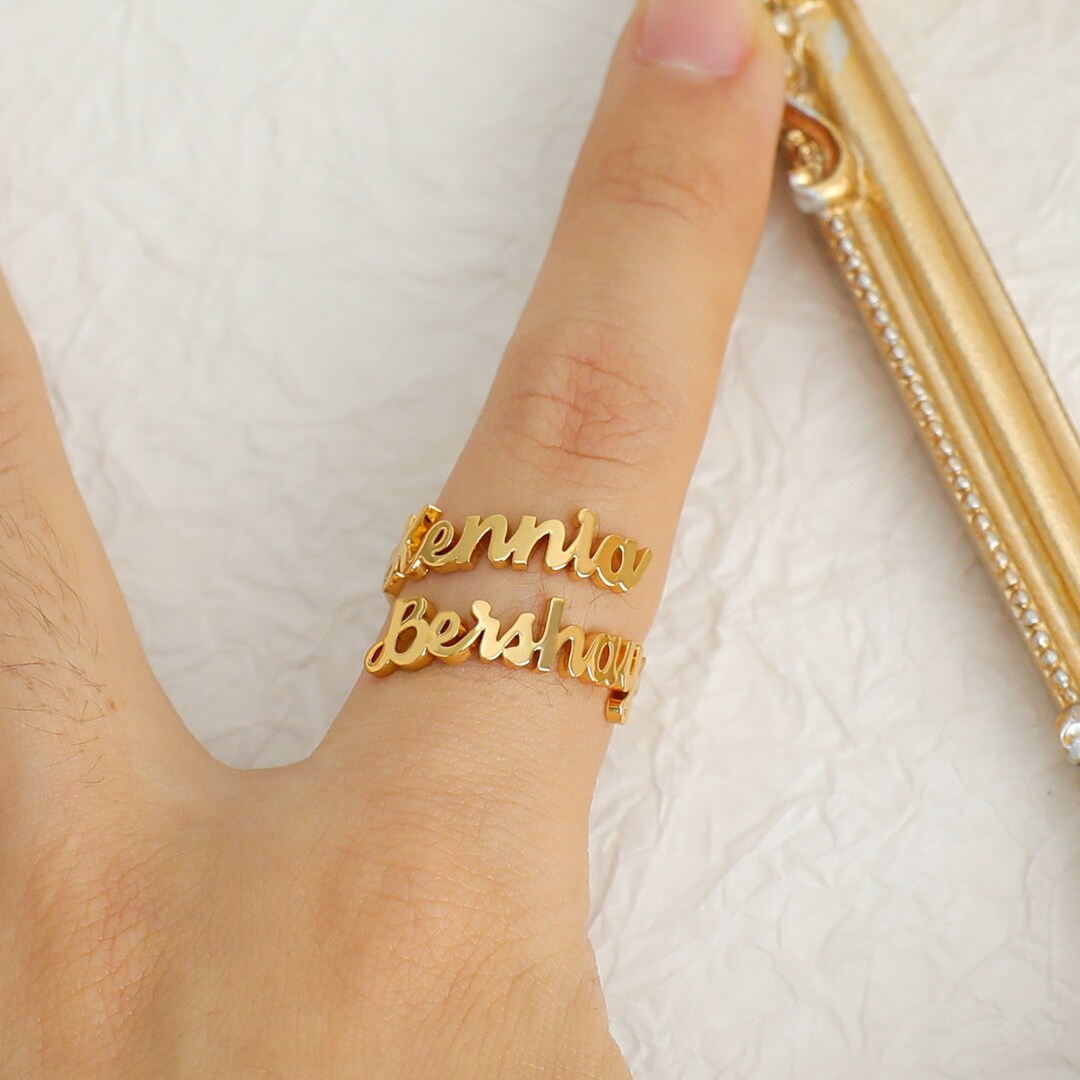 Gold Two Name Ring, Custom Name Ring, Nameplate Rings, Personalized ...