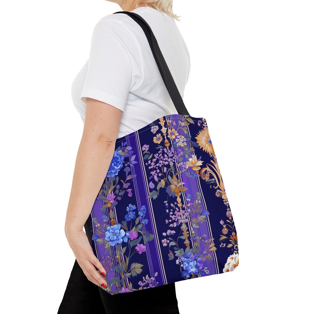 Scottish Rococo Floral Tote Bag - Tartan Inspired Stripes in Heather ...