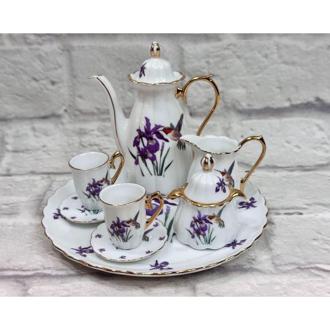 Vintage Small Porcelain Gilt Floral Tea Set With Hummingbirds and Iris ...