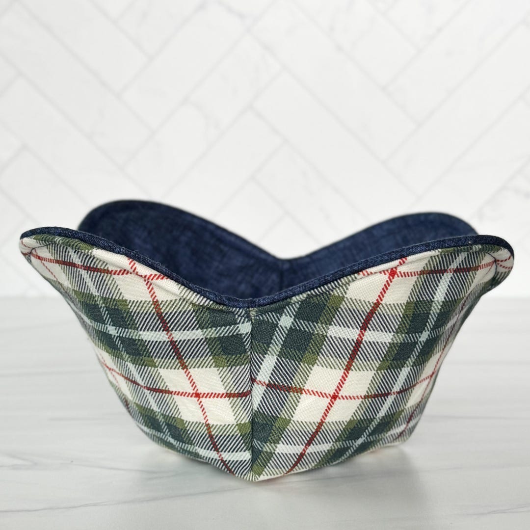 Microwaveable Bowl Cozy, Green and Blue Plaid Print, Housewarming Gift ...