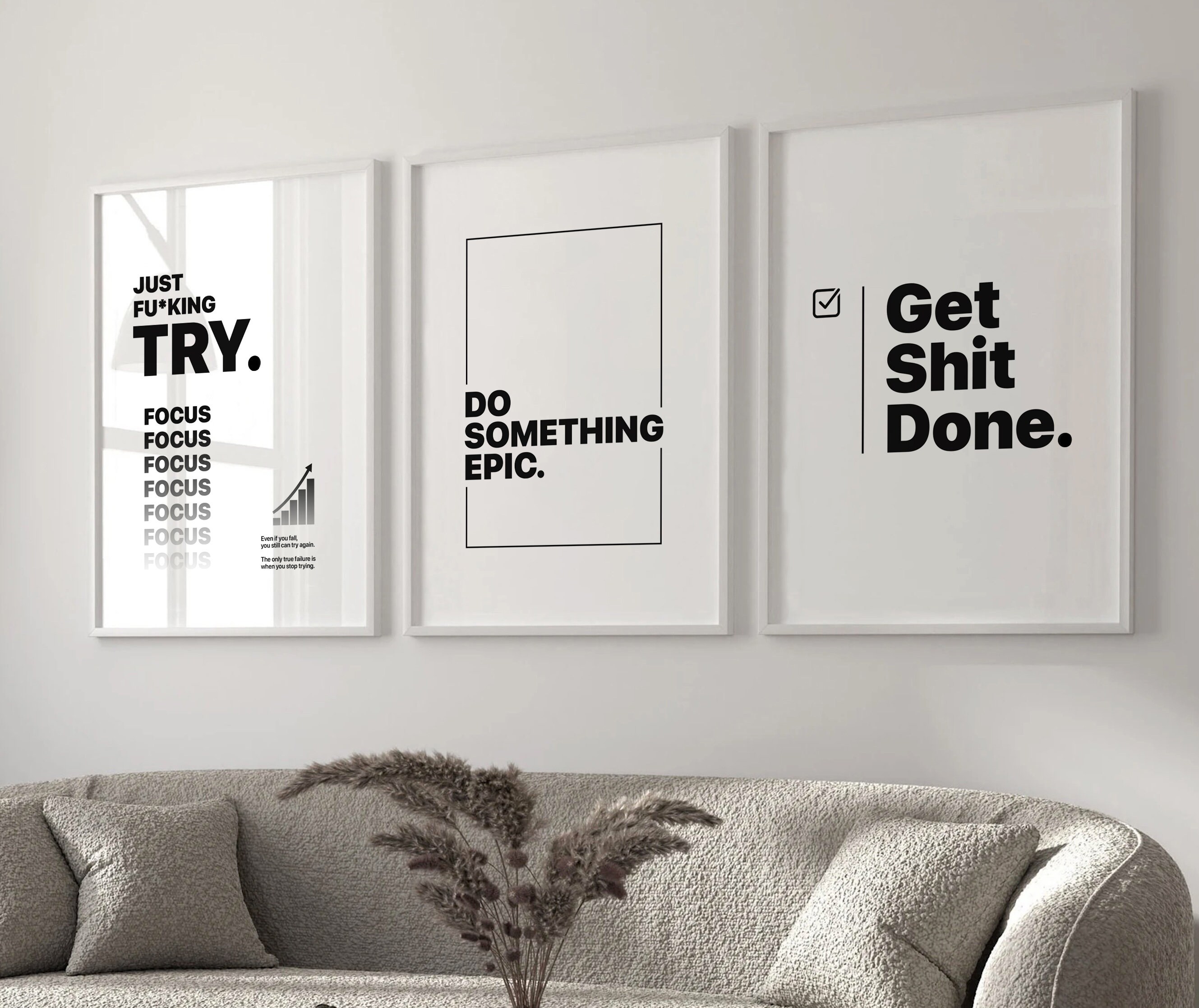 Minimalist Motivation Focus Print Set, Motivational Hard Work Office ...