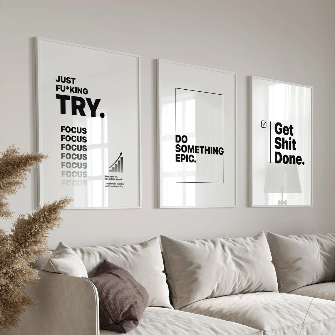 Minimalist Motivation Focus Print Set, Motivational Hard Work Office ...
