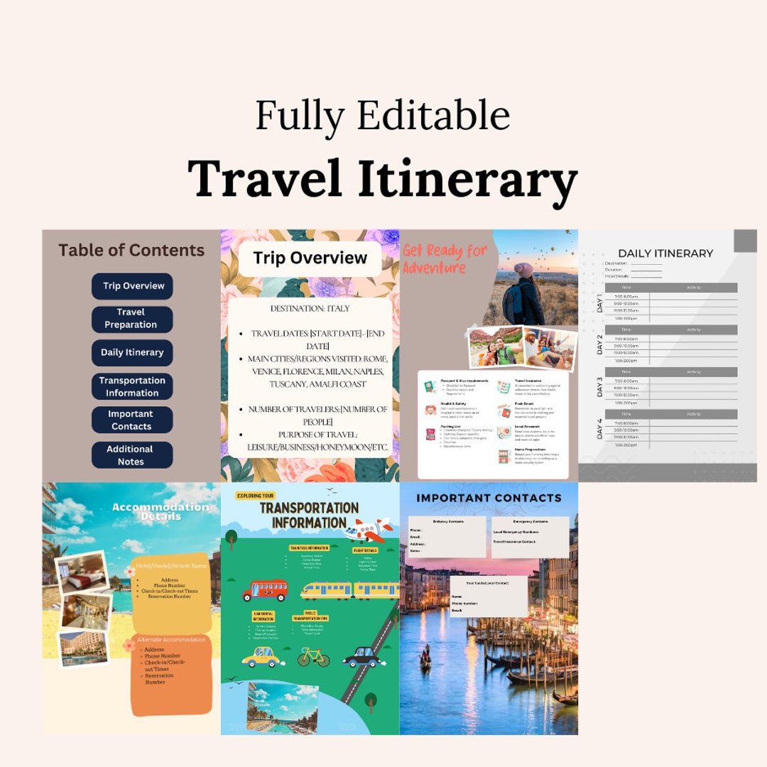 Editable Travel Itinerary Template | Trip Itinerary | Printable Travel ...