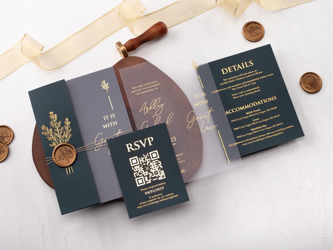 Dark Green Acrylic Wedding Invitations With Gold Foil, Folded Envelope ...