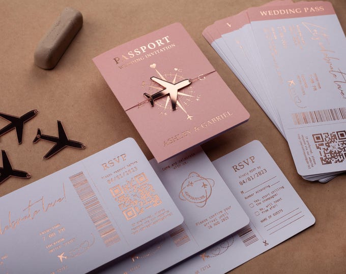 Pink Boarding Pass Invitation, Wedding Passport Invite, Blush Pink and ...