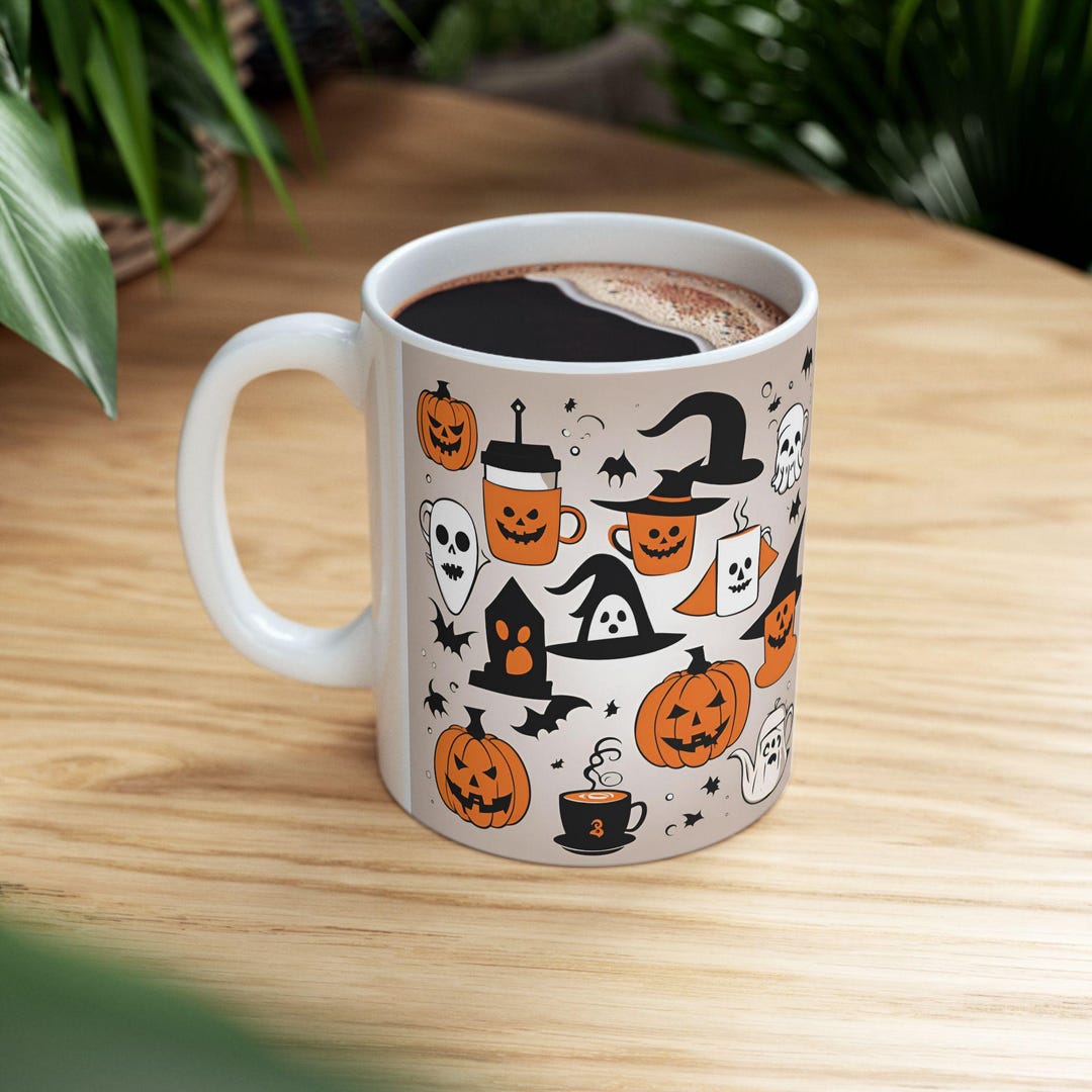 Halloween Ceramic Mug, AI Design Pattern With Pumpkins, Ghosts, Witches ...