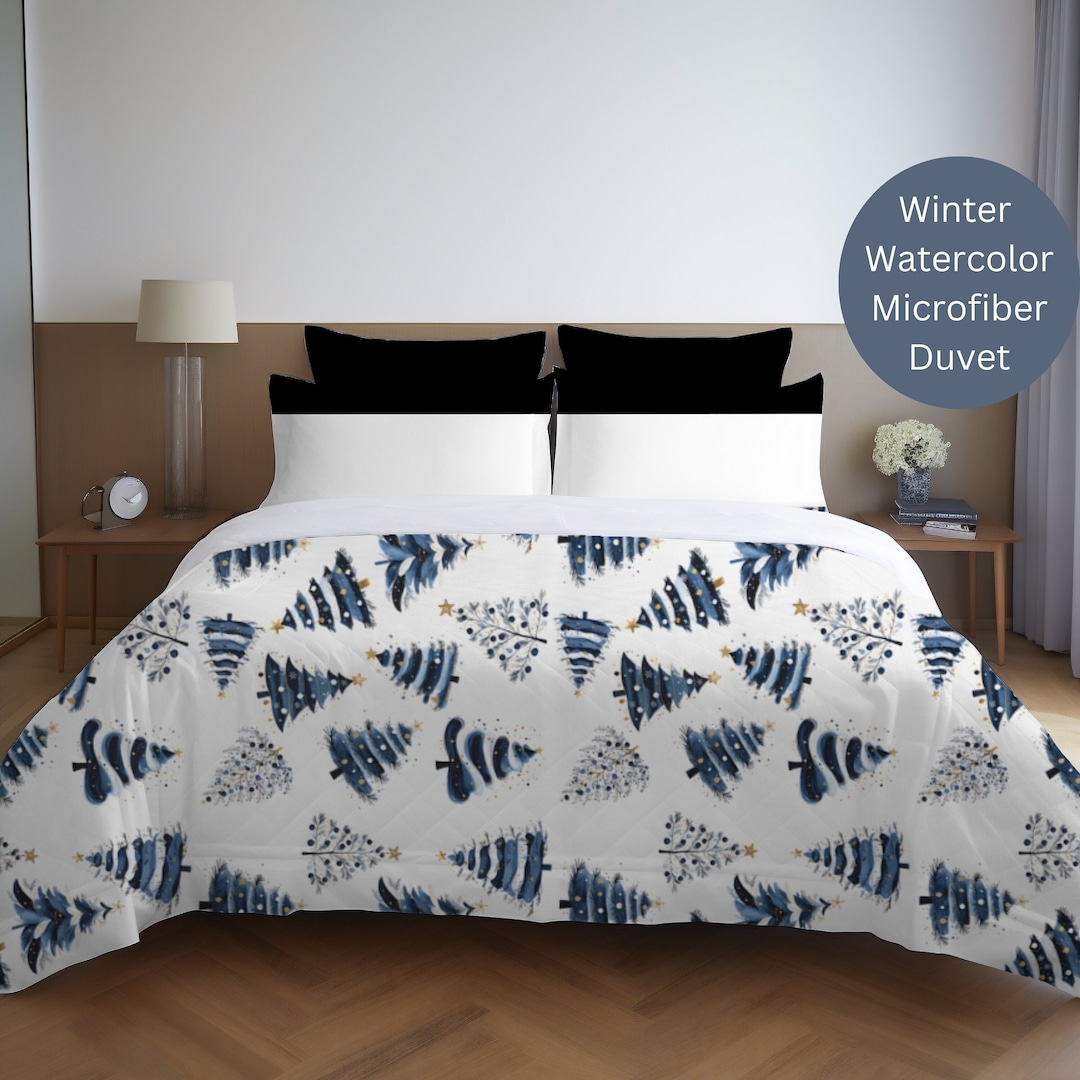 Winter Duvet Cover, Blue Watercolor Pine Tree Comforter Cover for Twin ...