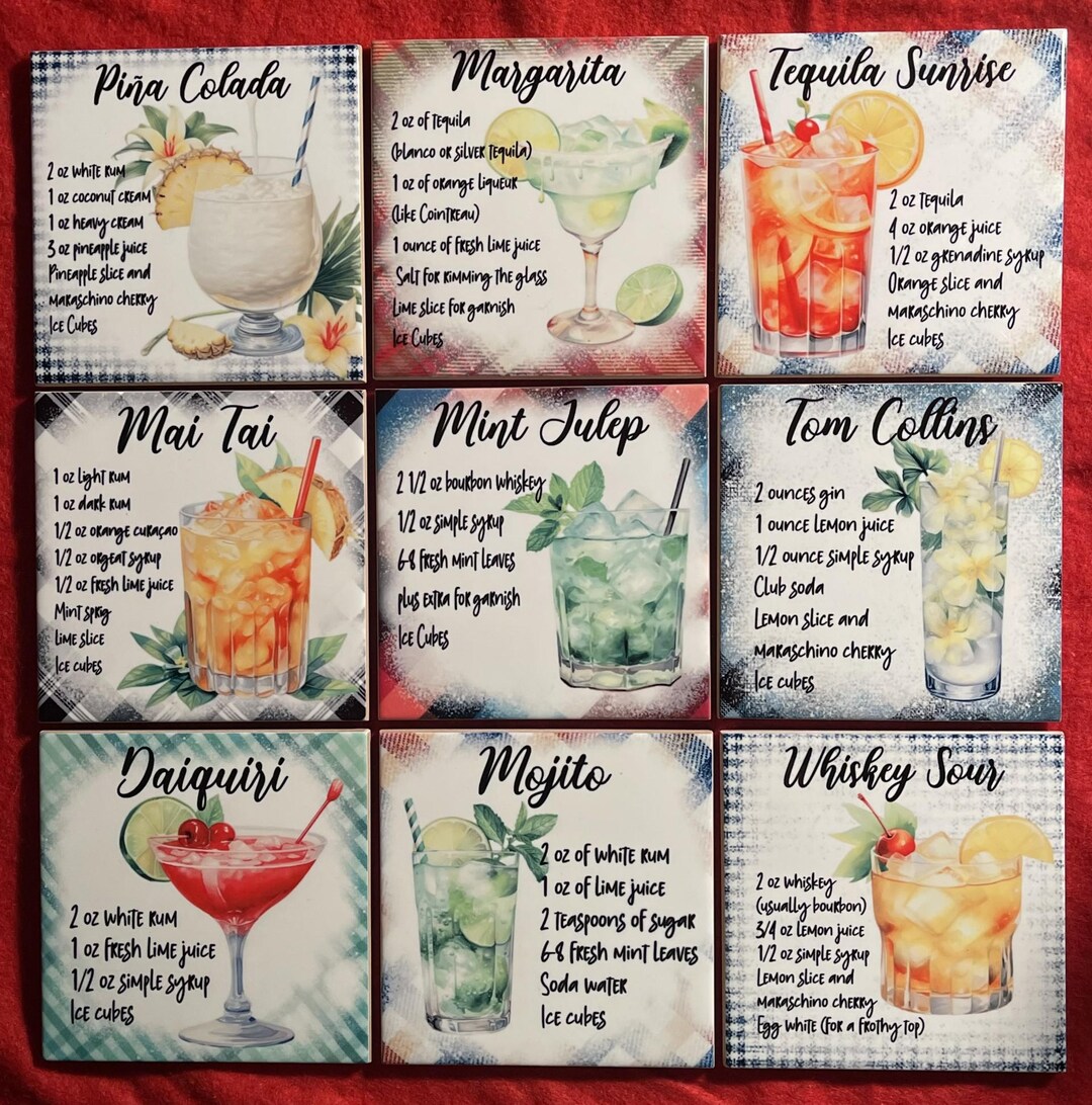 Cocktail Recipe Ceramic Coasters: Mixed Drink Art - Etsy
