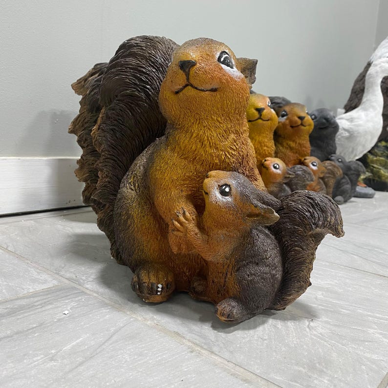 Large 14" Stone Squirrel Family, Weatherproof Outdoor Statues, Yard ...