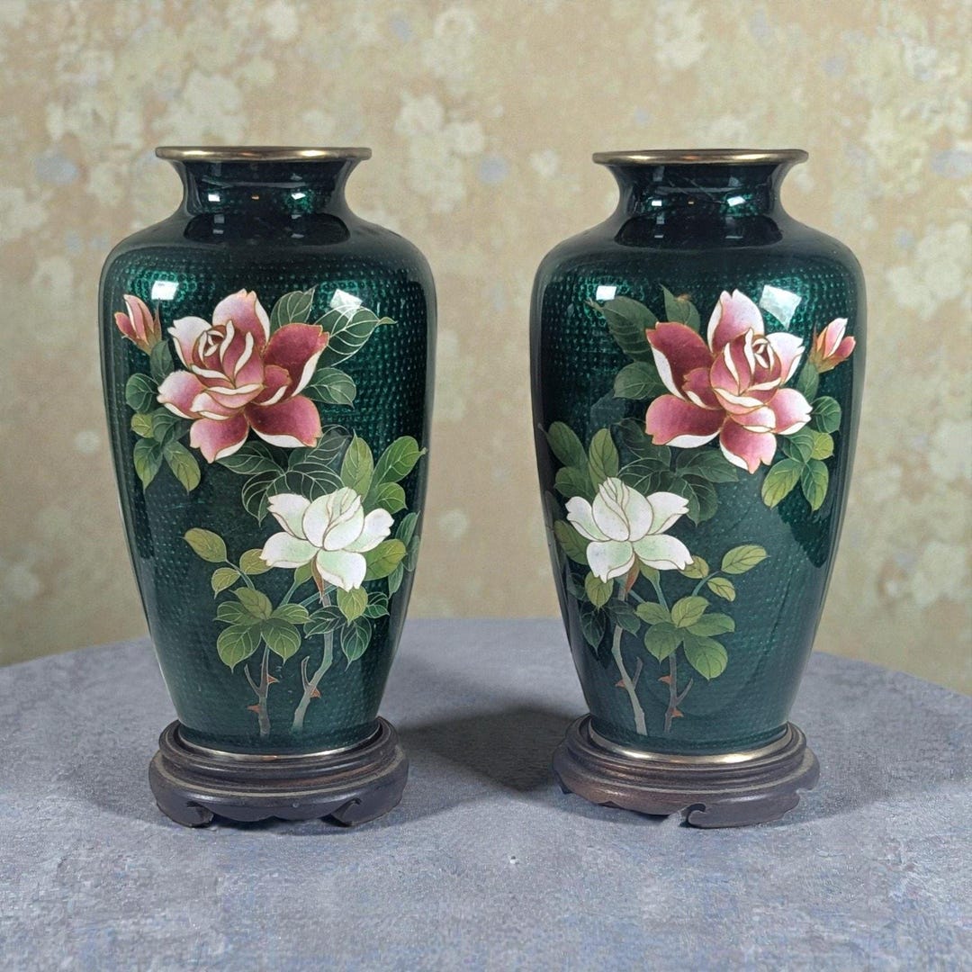 Pair Japanese Ginbari Cloisonné Vases – Emerald Green Floral, Damage ...