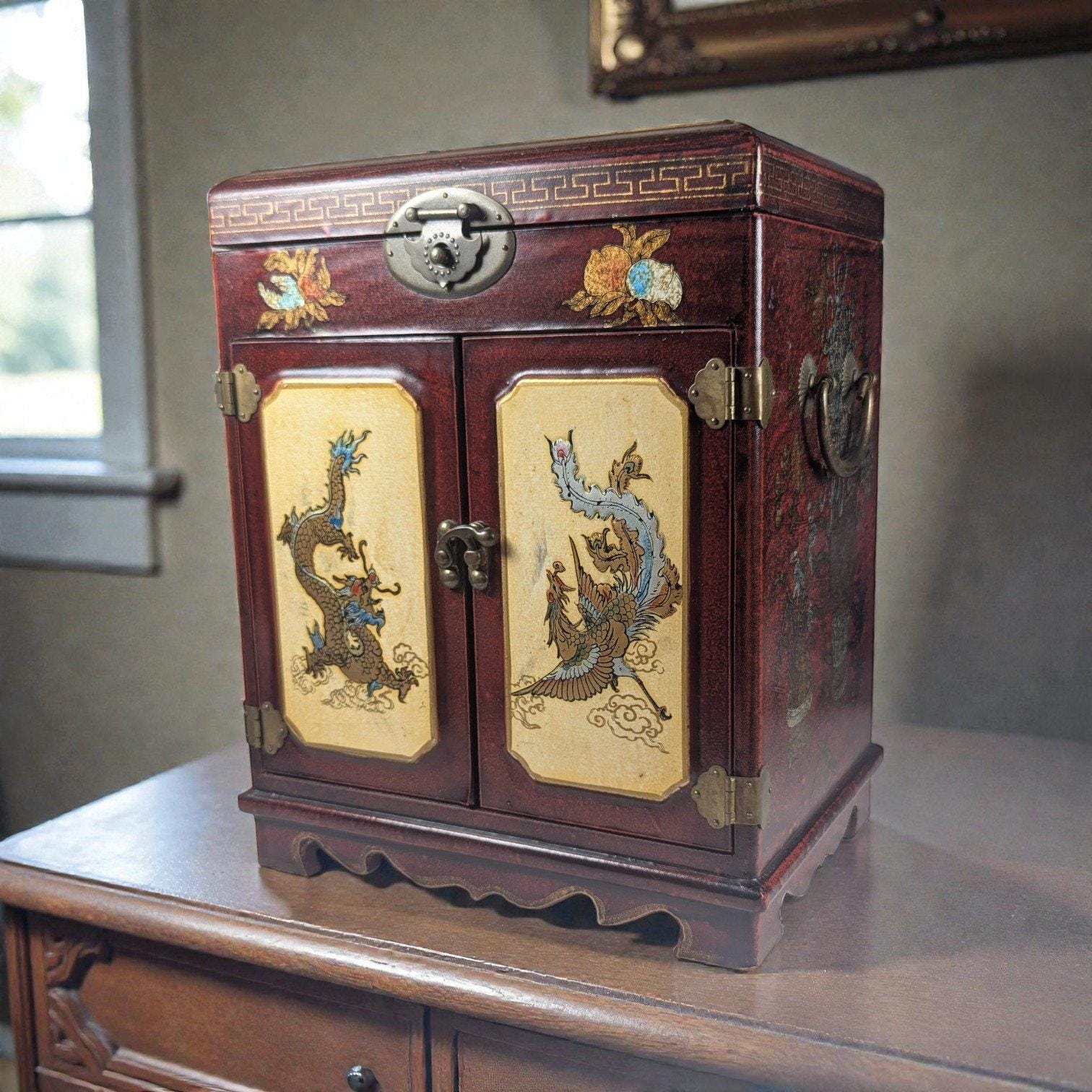 Mid-Century Chinese Lacquer Jewelry Cabinet, Dragon & Phoenix, Mirror Top